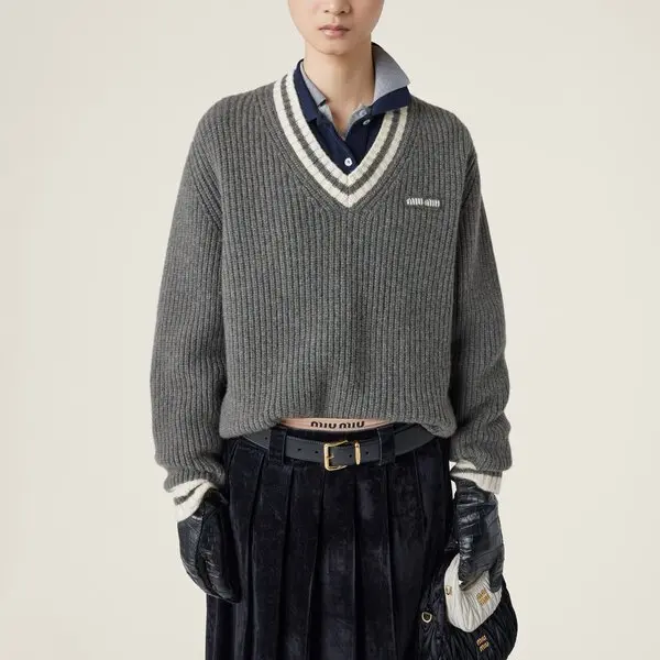 Miu Miu Wool And Cashmere V-Neck Sweater - Slate Gray | Editorialist